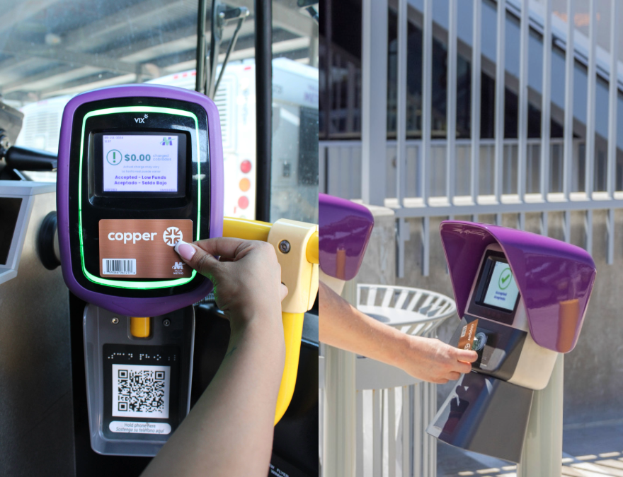 Two side-by-side photos of riders tapping the Copper card on the purple ...