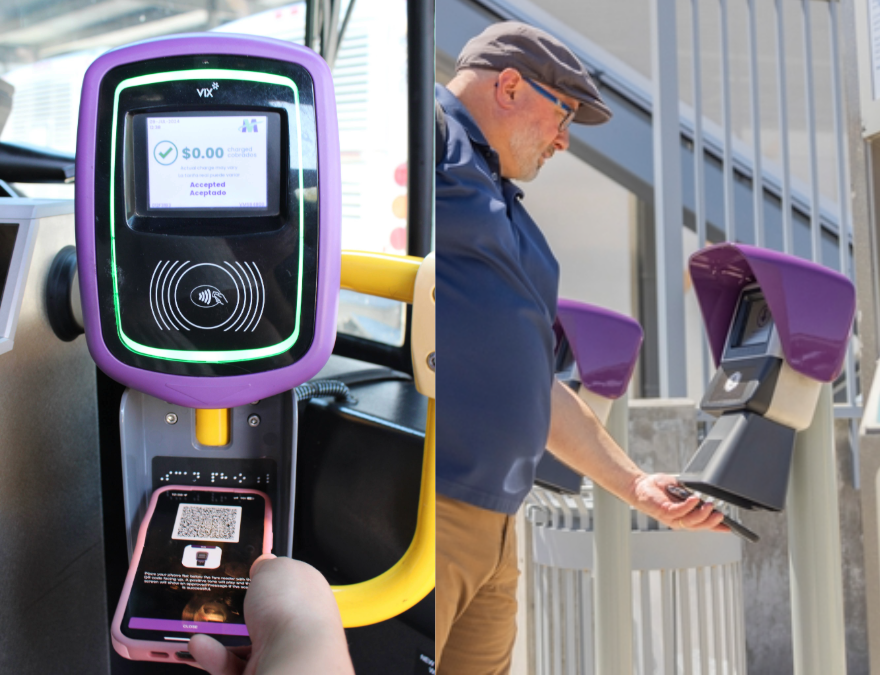 Two side-by-side photos of riders scanning mobile fare on the purple ...