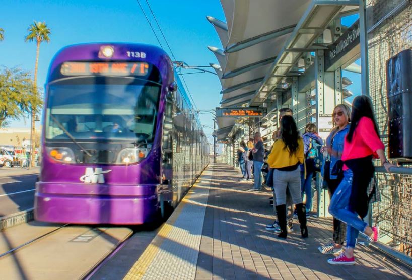 Light rail train at light rail platform