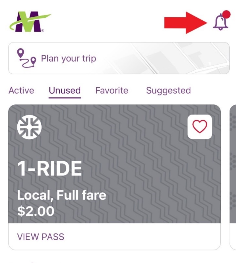 A screenshot of the Valley Metro app with a red arrow pointing towards ...