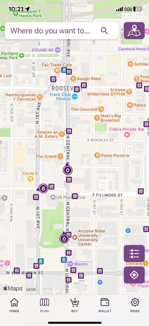 A screenshot of the Valley Metro app showing a street map of downtown ...