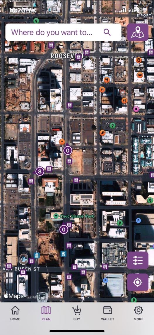 A screenshot of the Valley Metro app showing a satellite view of ...