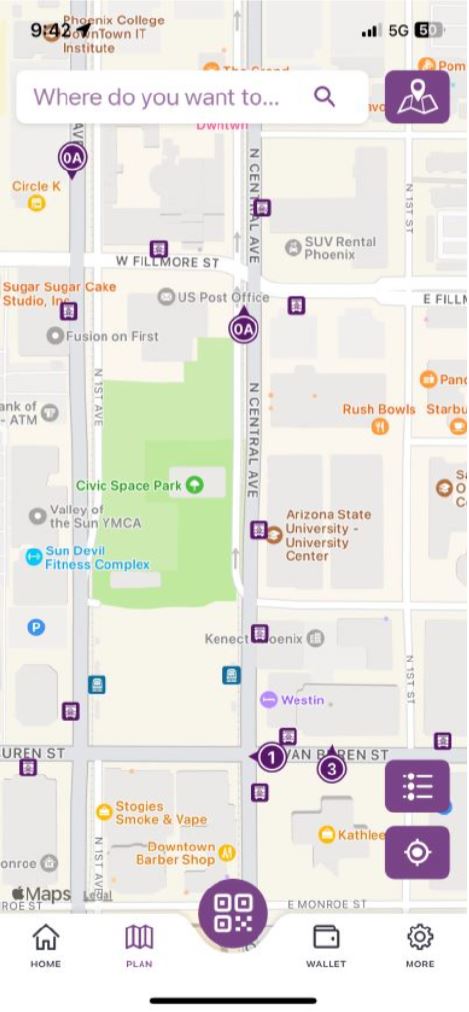 A screenshot of the Valley Metro app showing a street map of downtown ...