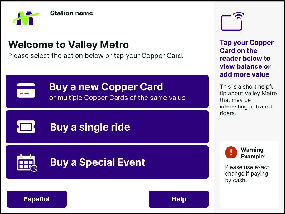 The starting screen of a fare machine. It has large buttons for buying ...
