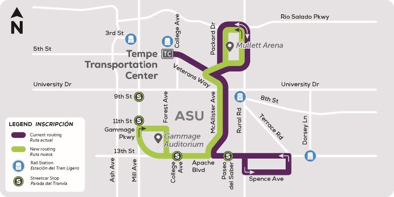 Map showing the current and upcoming routes of the Tempe FLASH