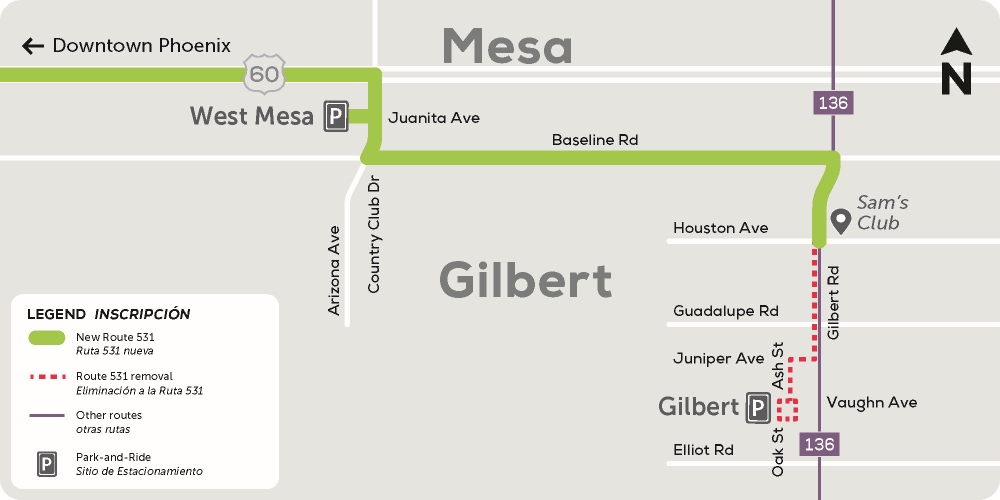 Map showing Route 531 beginning and ending at Gilbert Road and Houston ...