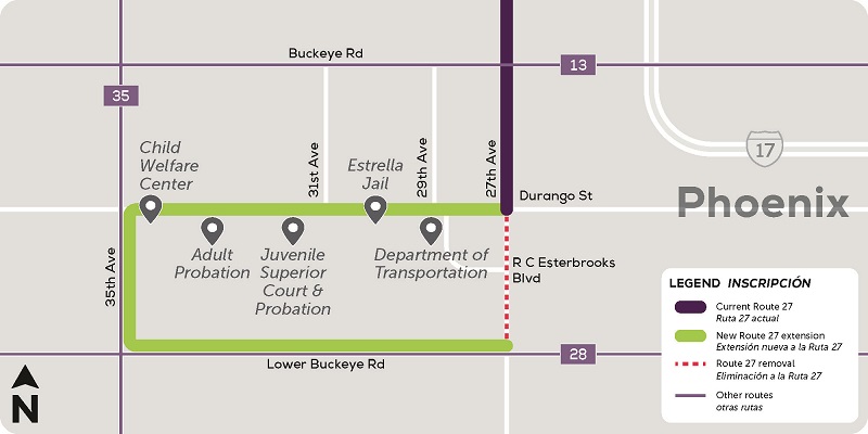 Map showing the route of Route 27 going west on Durango street, south ...