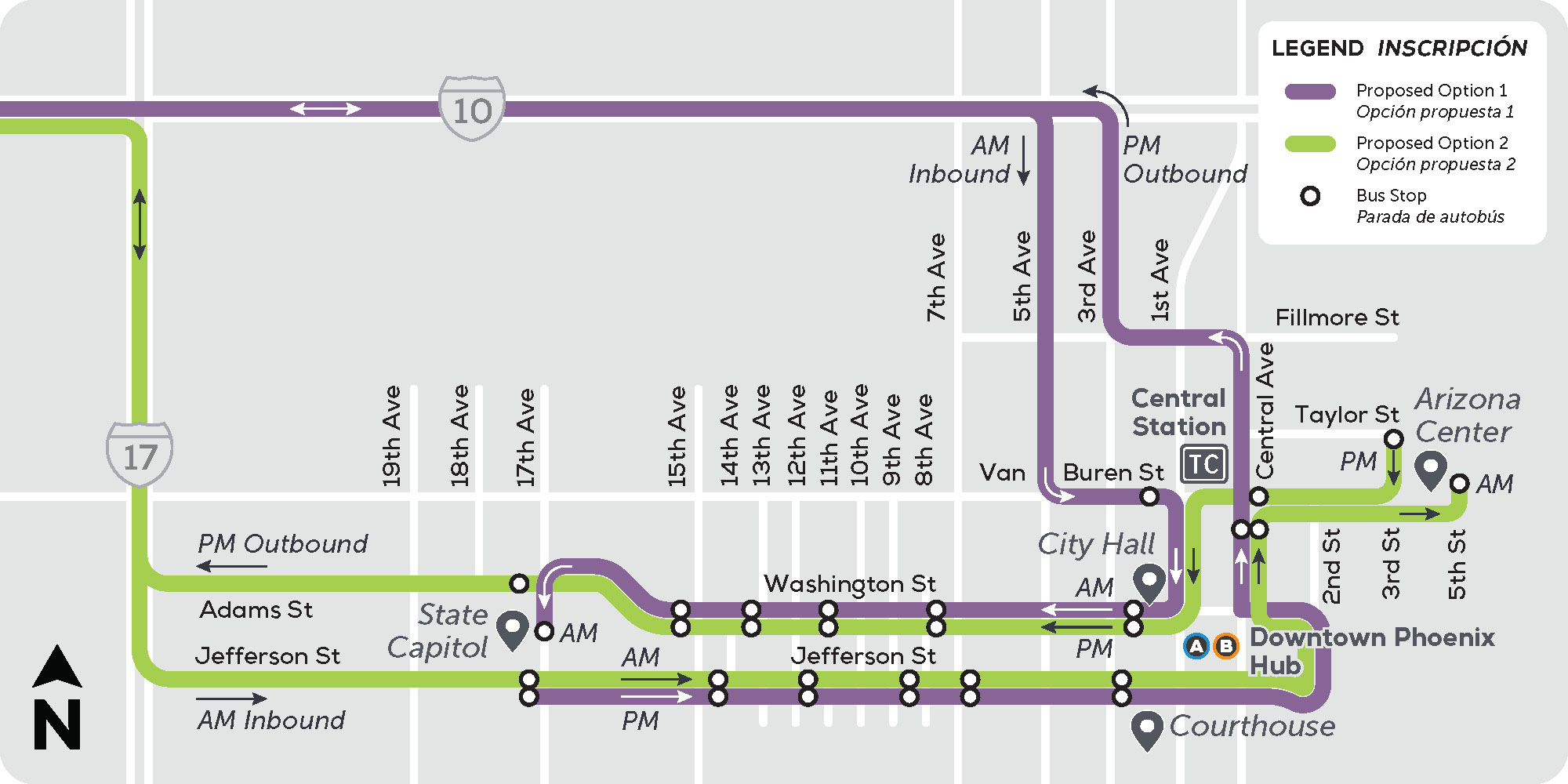 Map showing proposed changes to routes. Option one approaches downtown ...