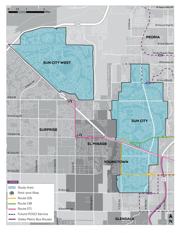 Map of the Sun Cities area depicting transit service as of February 2021.